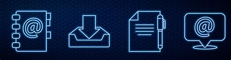줄 문서 및 펜 주소록 받은 편지함 다운로드 메일 및 전자 메일을 음성 거품및 삭제 봉투에 설정합니다 벽돌 벽에 빛나는 네온