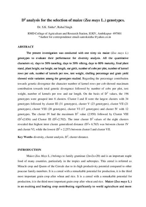 Doc D 2 Analysis For The Selection Of Maize Zea Mays L Genotypes