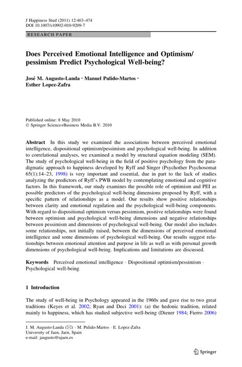 Pdf Does Perceived Emotional Intelligence And Optimismpessimism