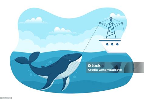 심해 한가운데서 어부가 잡은 고래와 함께 고래 사냥 손으로 그린 플랫 만화 템플릿 일러스트 레이 션 판매 포경에 대한 스톡 벡터