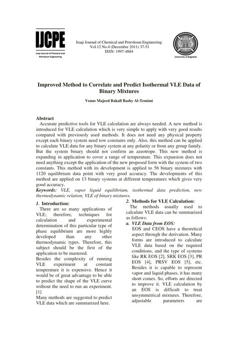 Pdf Improved Method To Correlate And Predict Isothermal Vle Data Of Binary Mixtures