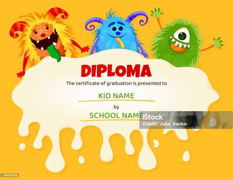 만화 재미있는 괴물 캐릭터와 함께 어린이 졸업장 학교 여름 캠프 또는 유치원 인증서에 대한 교육 상 프레임 템플릿입니다 몬스터에 대한 스톡 벡터 아트 및 기타 이미지