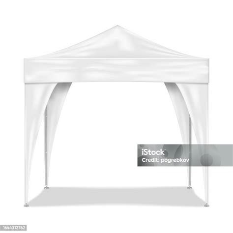 다리가 있는 빈 흰색 캐노피 텐트는 사실적인 벡터 모형을 덮습니다 알루미늄 금속 프레임 모형이 있는 캠핑 전망대 야외 여름 이벤트 휴대용 부스 템플릿 건설 프레임에 대한