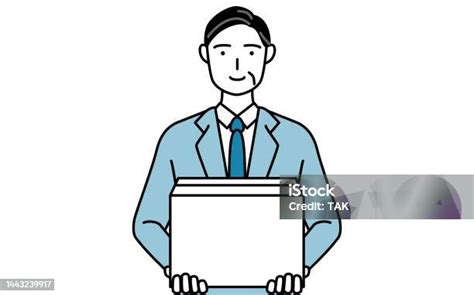 골판지 상자를 들고 있는 고위 사업가 임원 관리자 및 대통령의 간단한 선 그리기 그림 일본 민족에 대한 스톡 벡터 아트 및 기타