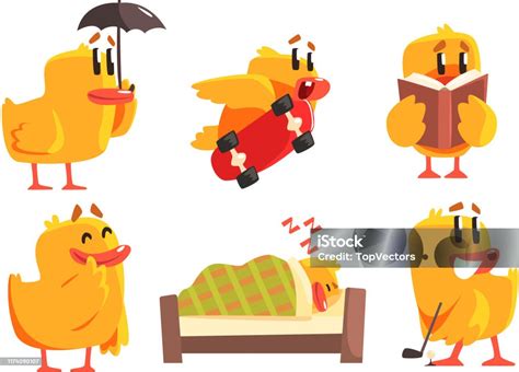 다양한 상황 세트에서 재미 인간화 치킨 귀여운 새 만화 캐릭터 활동 벡터 일러스트 0명에 대한 스톡 벡터 아트 및 기타 이미지