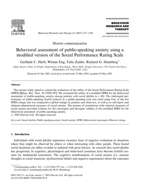 Pdf Behavioral Assessment Of Public Speaking Anxiety Using A Modified Version Of The Social