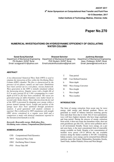 Pdf Numerical Investigations On Hydrodynamic Efficiency Of Oscillating Water Column