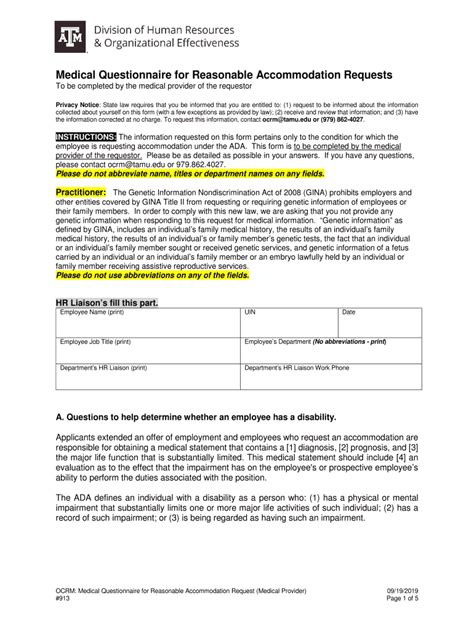Tamu Medical Questionnaire For Reasonable Accommodation Requests 2020