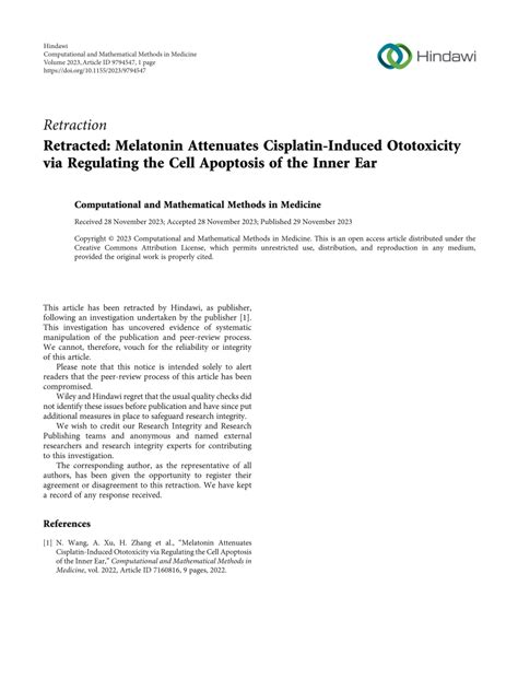 Pdf Retracted Melatonin Attenuates Cisplatin Induced Ototoxicity Via Regulating The Cell