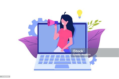 친구 추천 네트워크 마케팅을 참조 하십시오 친구에 게 추천 합니다 추천 코드 공유 메가 폰에 여자의 외침 벡터 일러스트입니다 고객에 대한 스톡 벡터 아트 및 기타 이미지