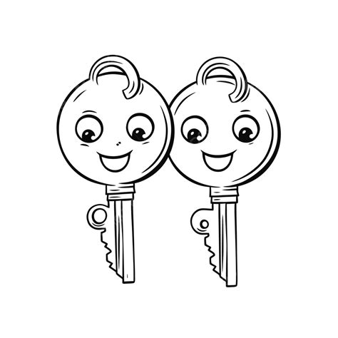 Set Of Keys With Two Little Faces Holding Them Outline Sketch Drawing