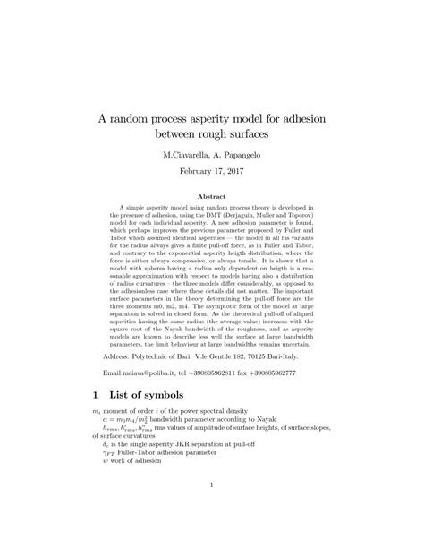 Pdf A Random Process Asperity Model For Adhesion Between Rough Surfaces