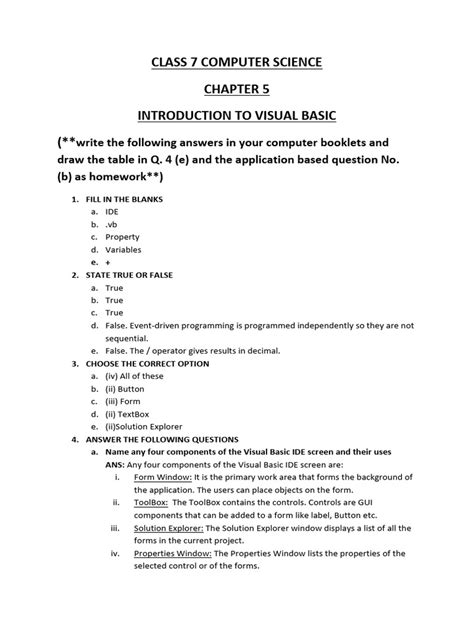 Class 7 Computer Science Chapter 5 Introduction To Visual Basic Pdf