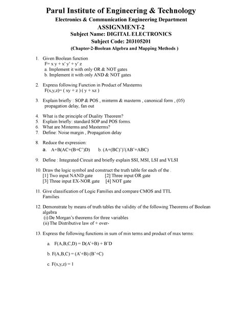 De Assignment 2 Boolean Algebra And Mapping Method 1 Parul