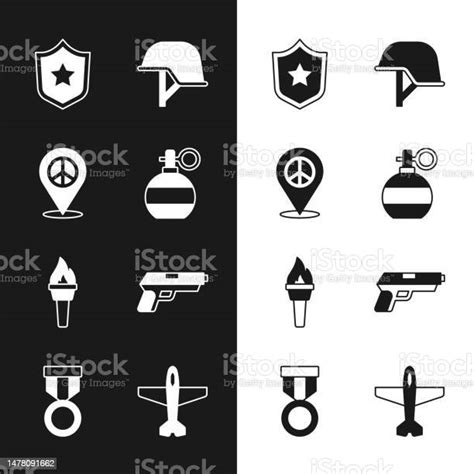 수류탄 위치 평화 경찰 배지 군용 헬멧 토치 불꽃 권총 총 비행기 및 보상 메달 아이콘을 설정합니다 벡터 검은색에 대한 스톡 벡터 아트 및 기타 이미지 Istock