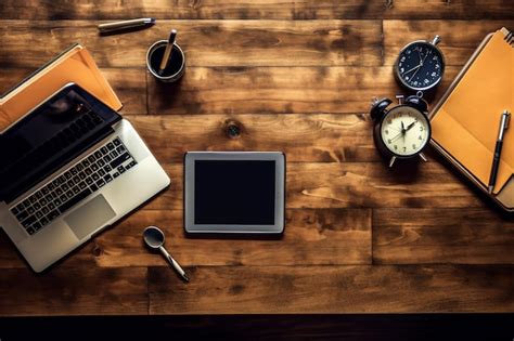 Premium Photo Top View Of The Floor Of A Wooden Table With A Computer Pen Notepad With Keys