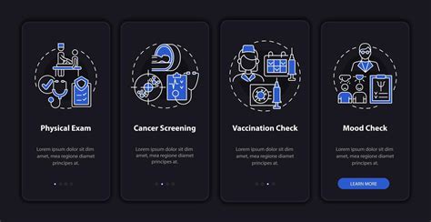 Physical Examination Components Dark Onboarding Mobile App Page Screen Walkthrough 4 Steps