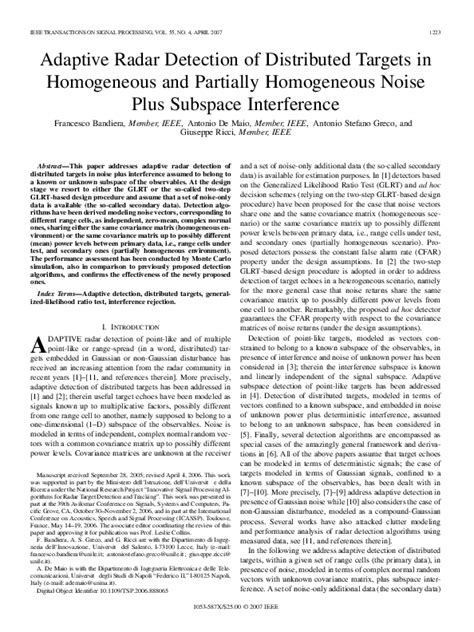 Pdf Adaptive Radar Detection Of Distributed Targets In Homogeneous