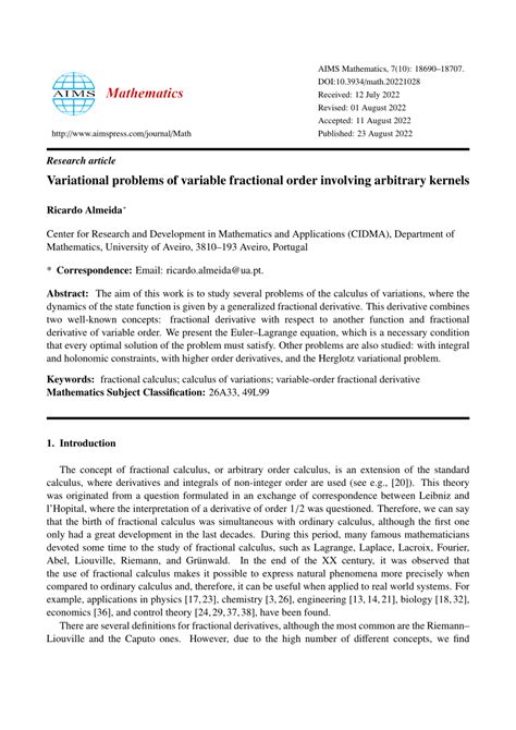 Pdf Variational Problems Of Variable Fractional Order Involving
