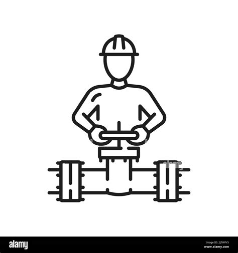 Pipe With Valve Ball Fittings Man And Piping System Isolated Outline Icon Vector Industrial