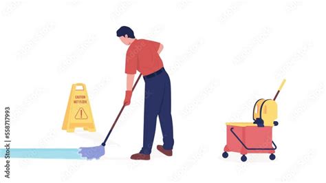 Animated School Cleaner Janitor Cleaning Floor In Hall Full Body Flat