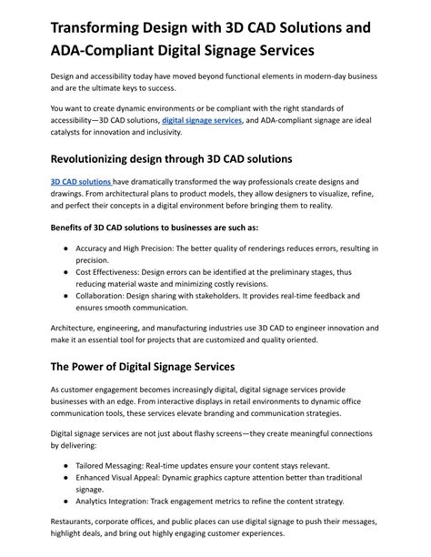 Ppt Transforming Design With 3d Cad Solutions And Ada Compliant Digital Signage Services