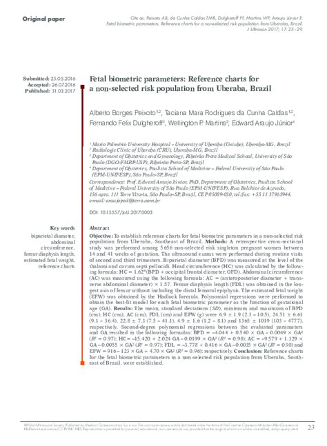Pdf Fetal Biometric Parameters Reference Charts For A Non Selected Risk Population From