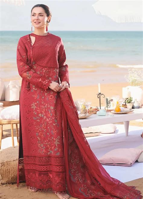 Sl 82 Iswah Hania By Imrozia Premium Red Embroidered Lawn Suits