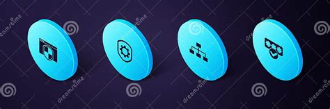 Set Isometric Password Protection Hierarchy Organogram Chart Shield With Settings Gear And