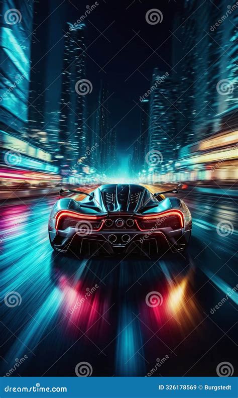 Conceptual Sports Car Races Very Dynamically On A Wide Road In The City At Night Speed Rush