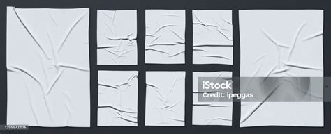 흰 붙어 있는 구겨진 포스터의 모형 벡터의 큰 세트 현실적인 구겨진 젖은 접착제 종이 프레젠테이션에서 편집하고 사용하기 쉬운 현대적인 포스터를 식힙니다 구겨진 종이에 대한