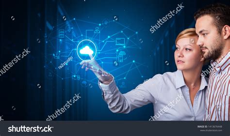 Man Woman Touching Hologram Projection Displaying Stock Photo Shutterstock