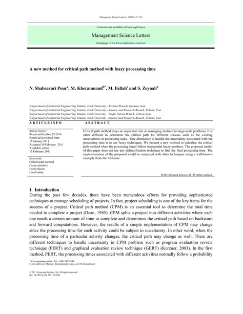 Pdf A New Method For Critical Path Method With Fuzzy Processing Time