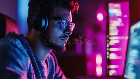 Young Man Coding In Dark Room With Neon Lighting And Headphones Wearing