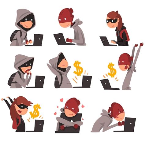 Premium Vector Collection Of Hackers In Masks Stealing Information And Money Using Laptop