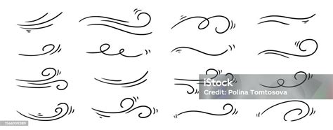 낙서 바람 선 스케치 세트입니다 손으로 그린 낙서 바람 운동 공기 불기 소용돌이 요소 스케치 그려진 공기 불어 모션 연기 흐름 예술 추상적인 선 분리된 벡터 산들바람에 대한