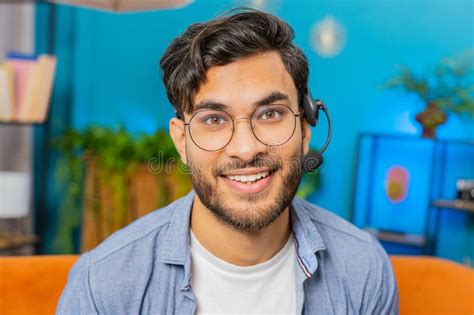 Indian Man Freelance Worker Call Center Support Service Operator Helpline Having Talk With