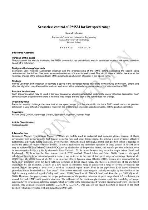 Pdf Sensorless Control Of Pmsm For Low Speed Range