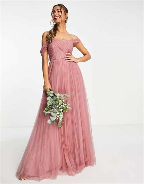 Asos Design Vestito Lungo Da Damigella In Tulle Rosa Con Spalle