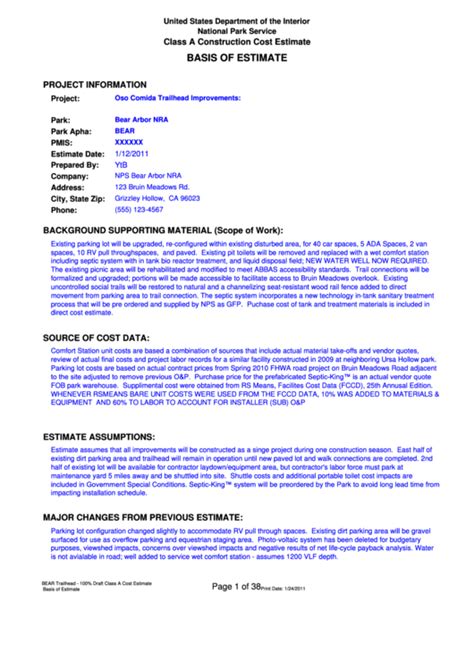 Basis Of Estimate Printable Pdf Download