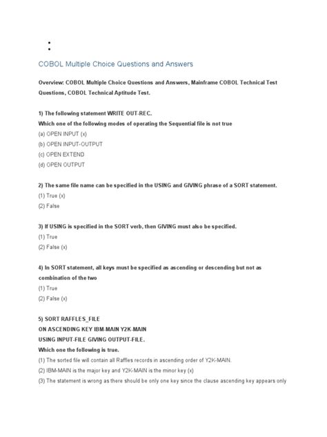 Cobol Mcq Questions And Answers Guide Pdf Subroutine C Programming Language