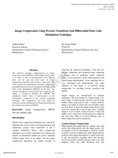 Pdf Ijert Image Compression Using Wavelet Transform And Differential Pulse Code Modulation