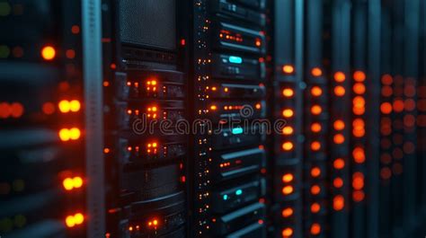 Close Up Of Server Racks Blinking Red Lights Indicating Activity Data Center Stock Image