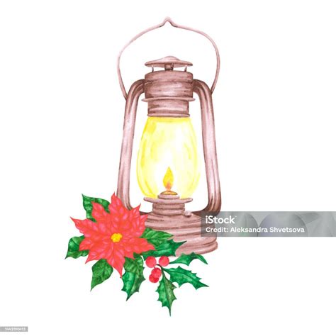 손으로 그린 수채화 랜턴 홀리 나뭇 가지와 포인세티아 크리스마스와 새해 상징 장식 요소 스크랩북 디자인 타이포그래피 포스터 라벨 배너 엽서 0명에 대한 스톡 벡터 아트 및