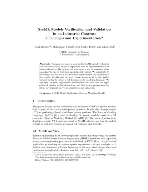 Pdf Sysml Models Verification And Validation In An Industrial Context