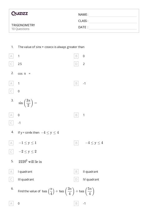 50 Trigonometry Worksheets For 11th Class On Quizizz Free And Printable