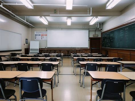 Empty Classroom With Chalkboard And Projector Screen Stock Image