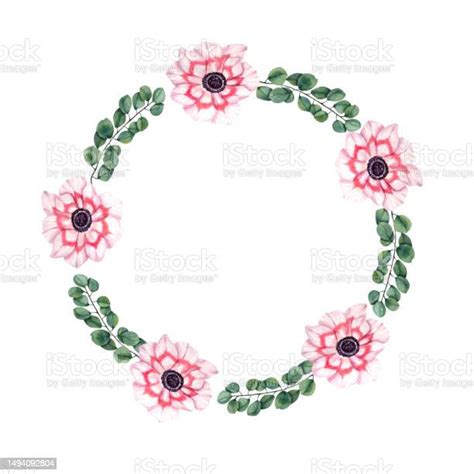 말미잘과 유칼립투스가 있는 수채화 화환은 흰색 배경에 분리되어 있다 엽서 디자인 초대장 템플릿 발렌타인 데이 생일 카드 청첩장을 위한 식물 삽화 0명에 대한 스톡 벡터 아트
