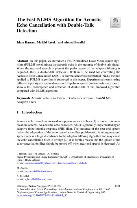 Pdf The Fast Nlms Algorithm For Acoustic Echo Cancellation With Double Talk Detection