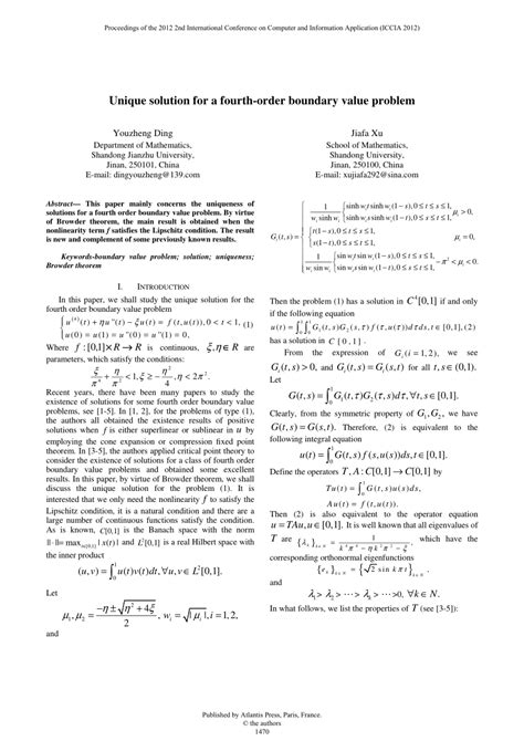 Pdf Unique Solution For A Fourth Order Boundary Value Problem